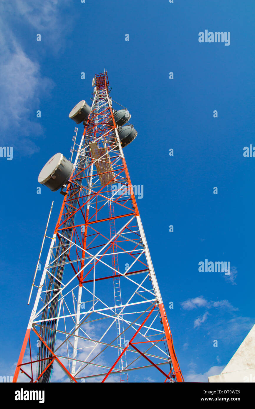 large communication tower with satelite dishes Stock Photo - Alamy