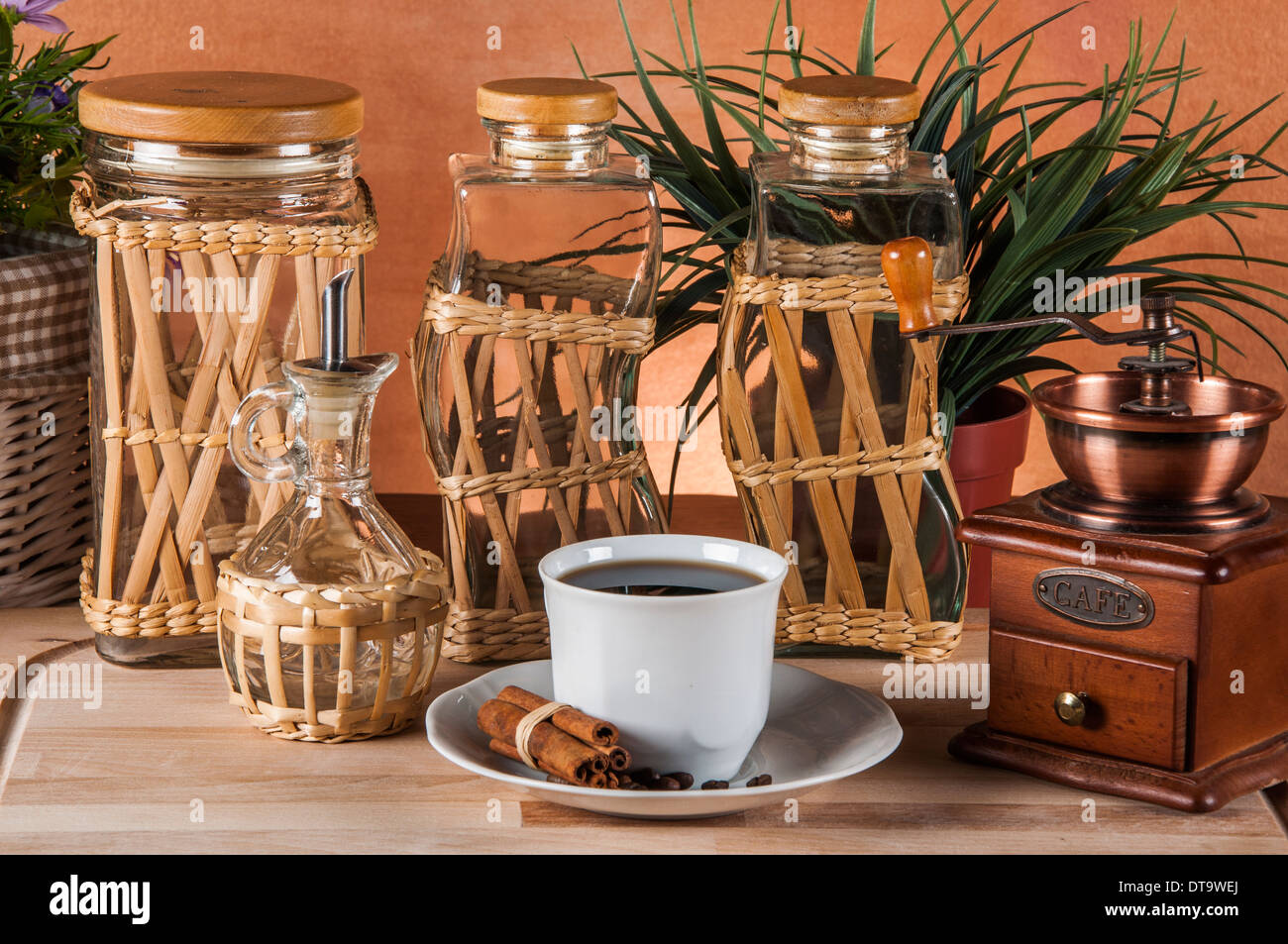 Coffee theme with wooden table and dark background Stock Photo - Alamy
