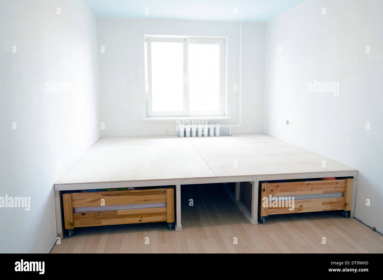 empty clean small room interior under renovation with upper floor ...