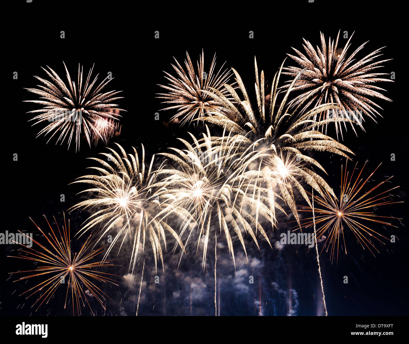 Colorful fireworks of various colors over night sky Stock Photo - Alamy