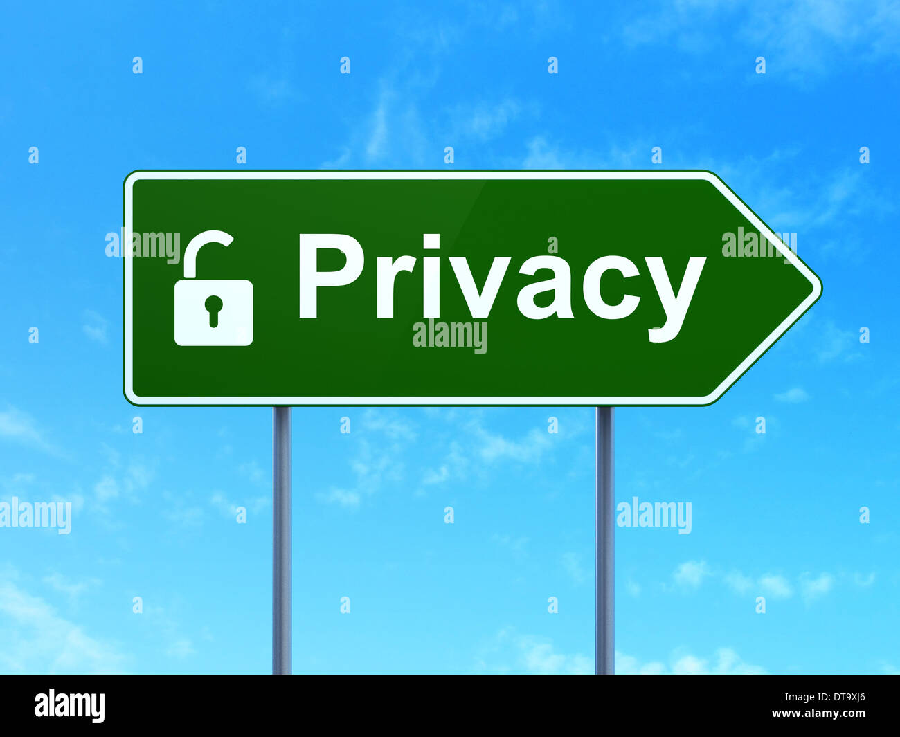 Protection concept: Privacy and Opened Padlock on road sign background ...