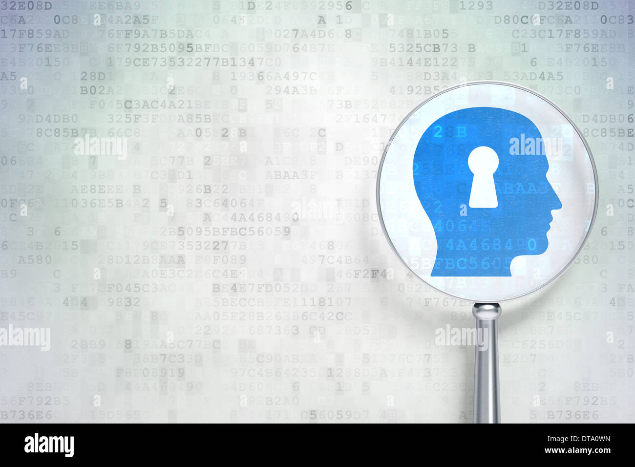 Data concept: Head With Keyhole optical glass on digital background ...