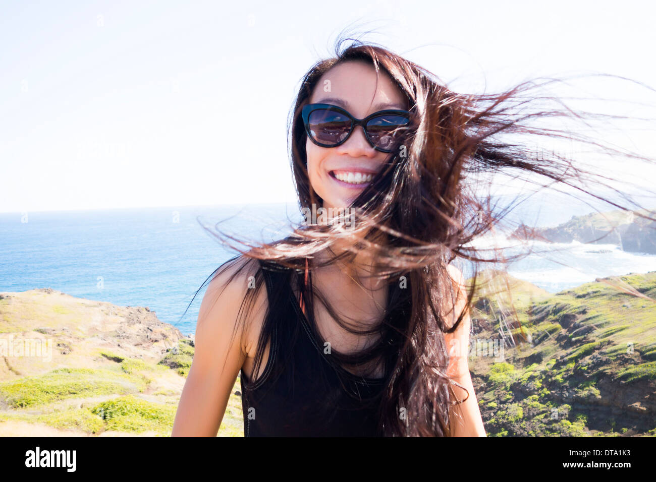 Windblown smiling hi-res stock photography and images - Alamy