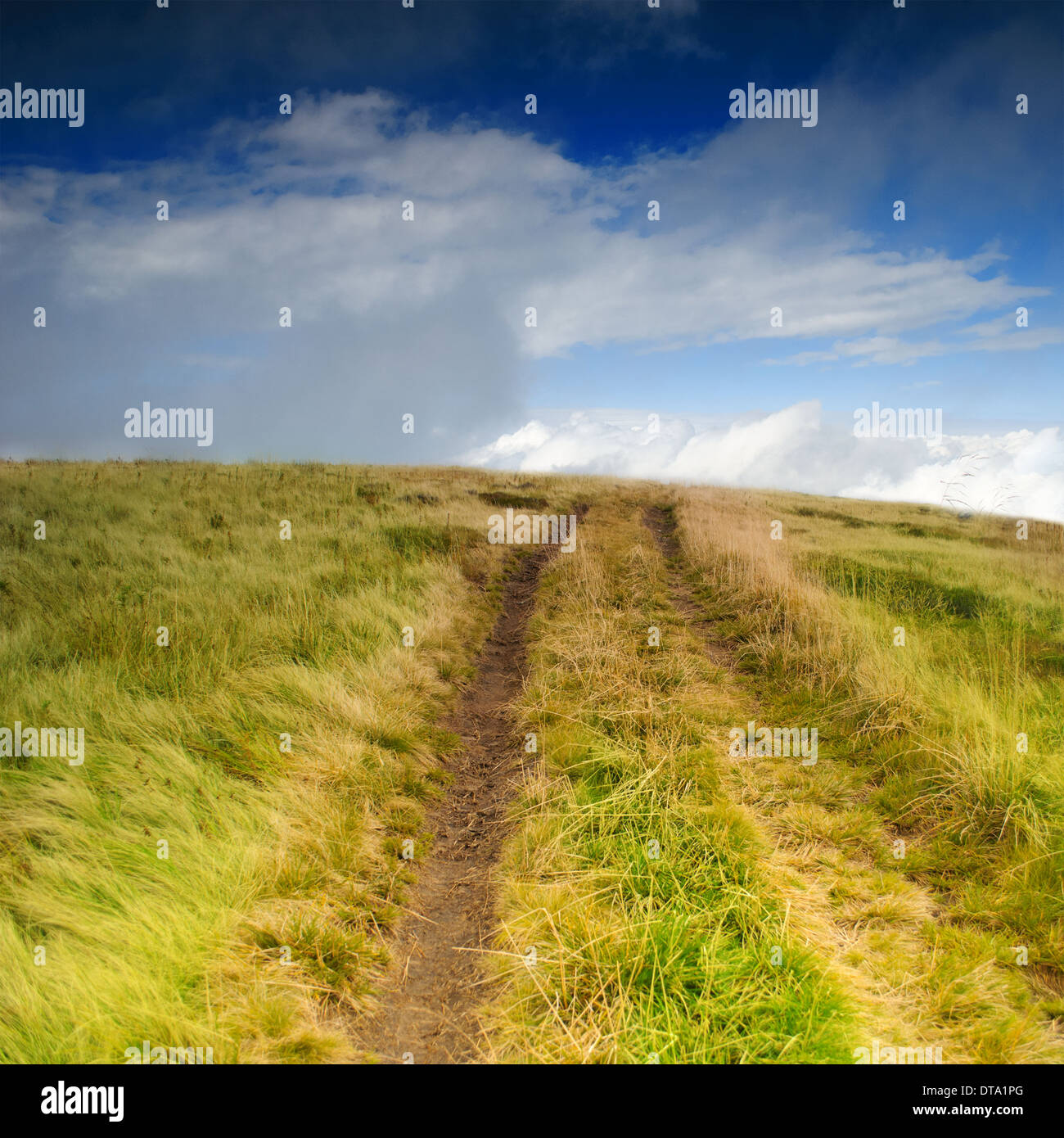 Road to heaven, panorama from mountain path and blue sky Stock Photo ...