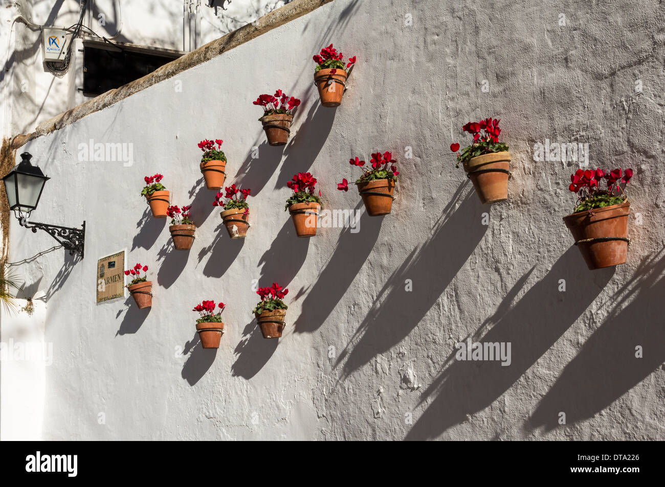 MARBELLA SPAIN THE OLD TOWN AND FLOWER POTS ON A WALL WITH CYCLAMEN ...