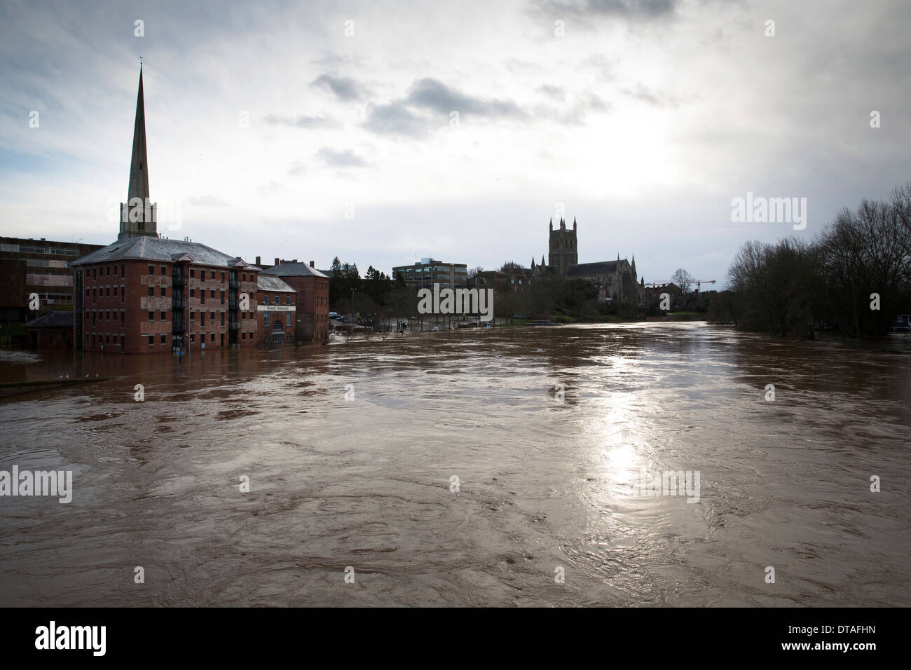 Worcester City Centre around the River Severn area showing the floods ...