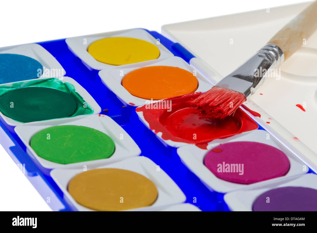 Used Paintbox with brush at the red colour isolated on white background ...