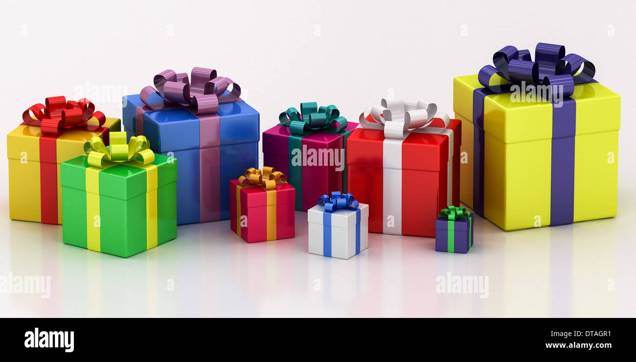 many-colored gift boxes with varicolored ribbon on a white background ...