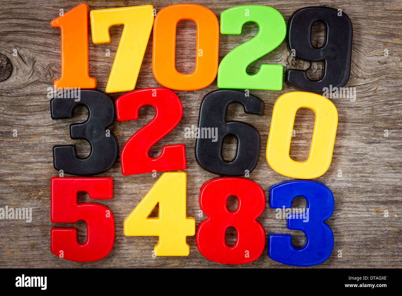 Colorful plastic numbers on the wooden background Stock Photo - Alamy