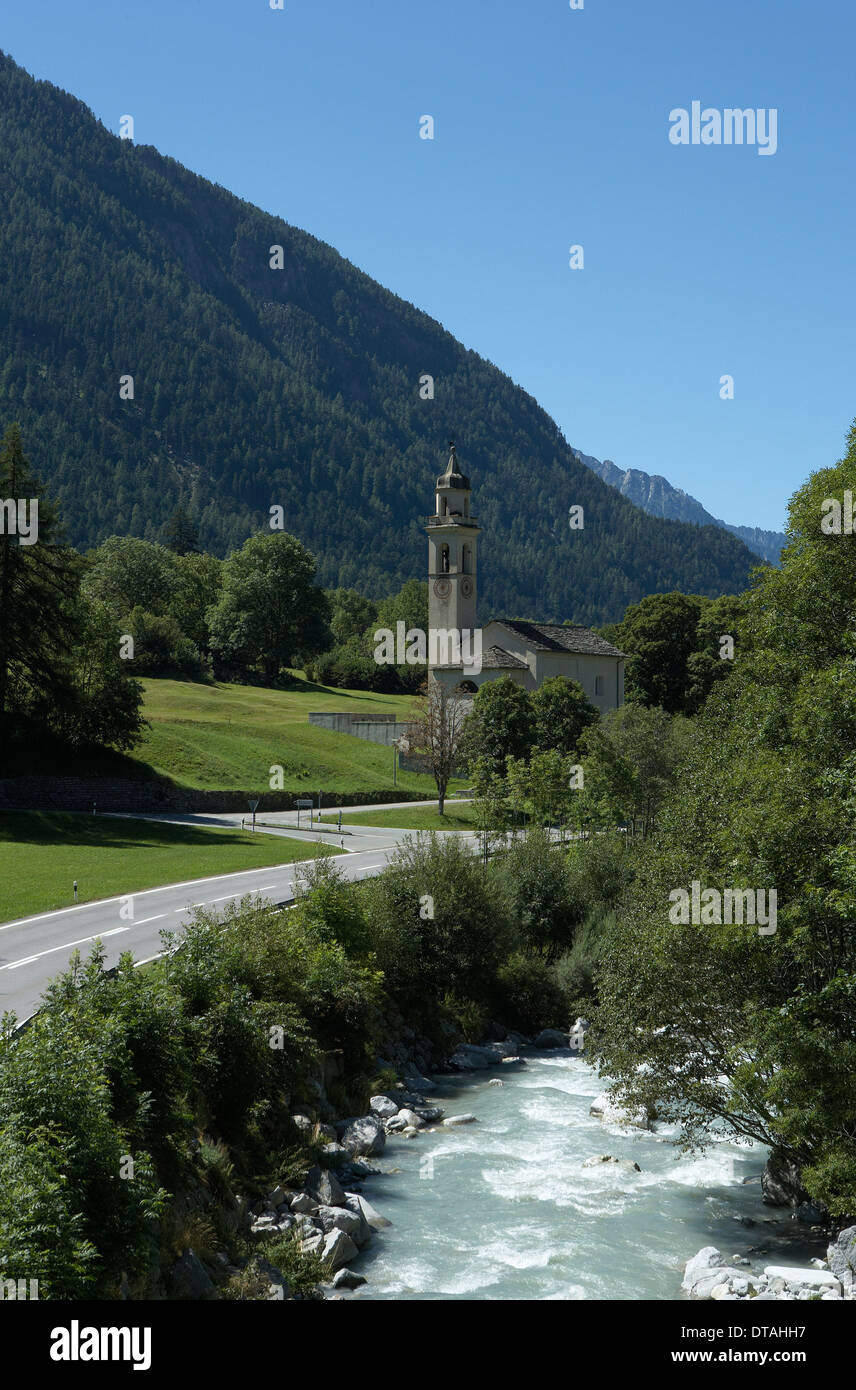 Borgonovo, Switzerland, view from a bridge over the river Maira the ...