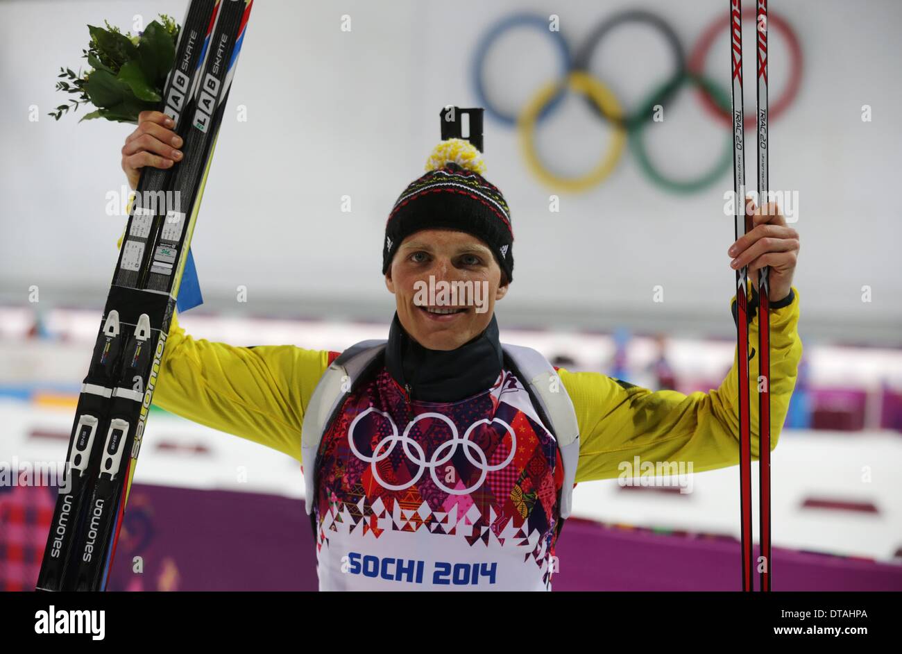 Erik Lesser of Germany celebrates after the flower ceremony of the Men ...