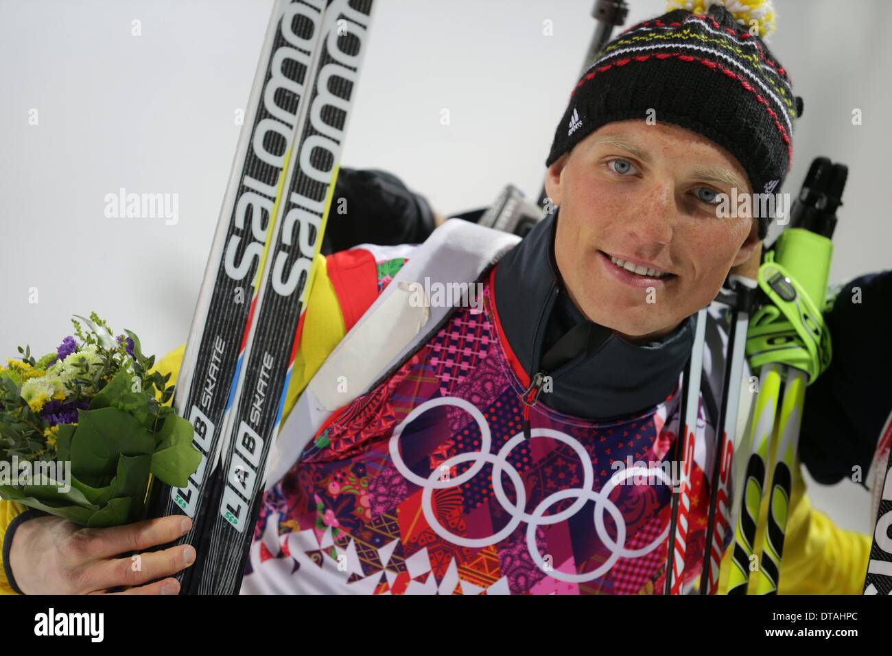 Erik Lesser of Germany celebrates after the flower ceremony of the Men ...