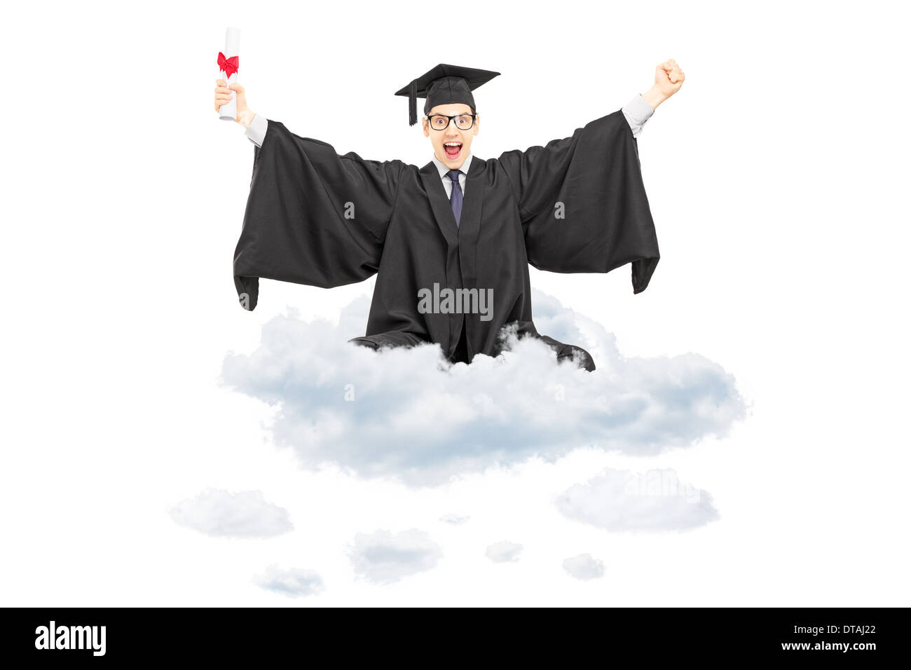 Excited college graduate holding diploma seated on cloud and gesturing ...