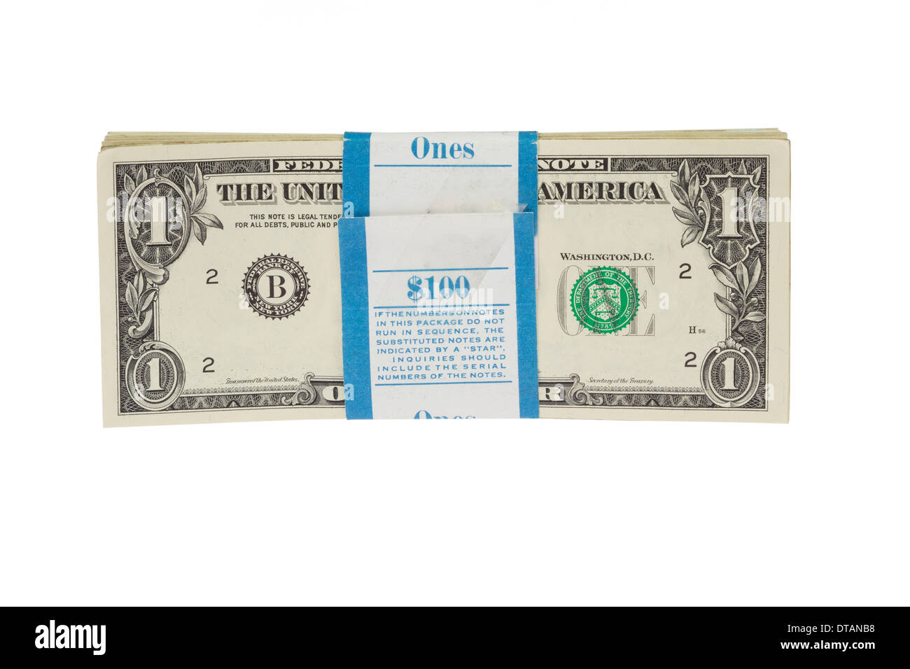 Bundle of one dollar notes with bandrole isolated on white background ...