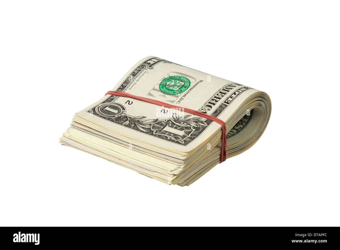 Bundle of one dollar notes with red rubber band isolated on white ...