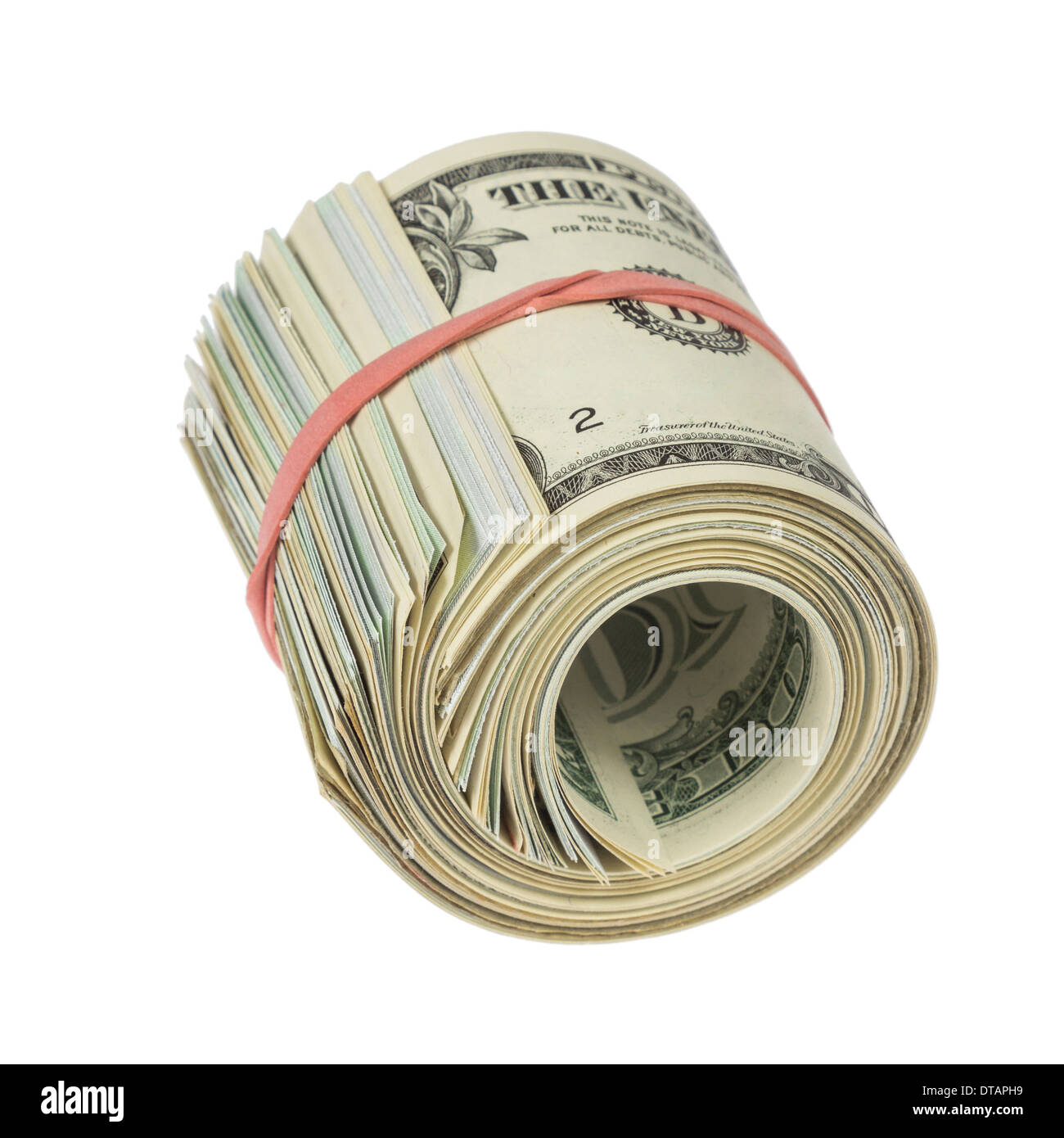 Roll of one dollar notes with red rubber band isolated on white ...