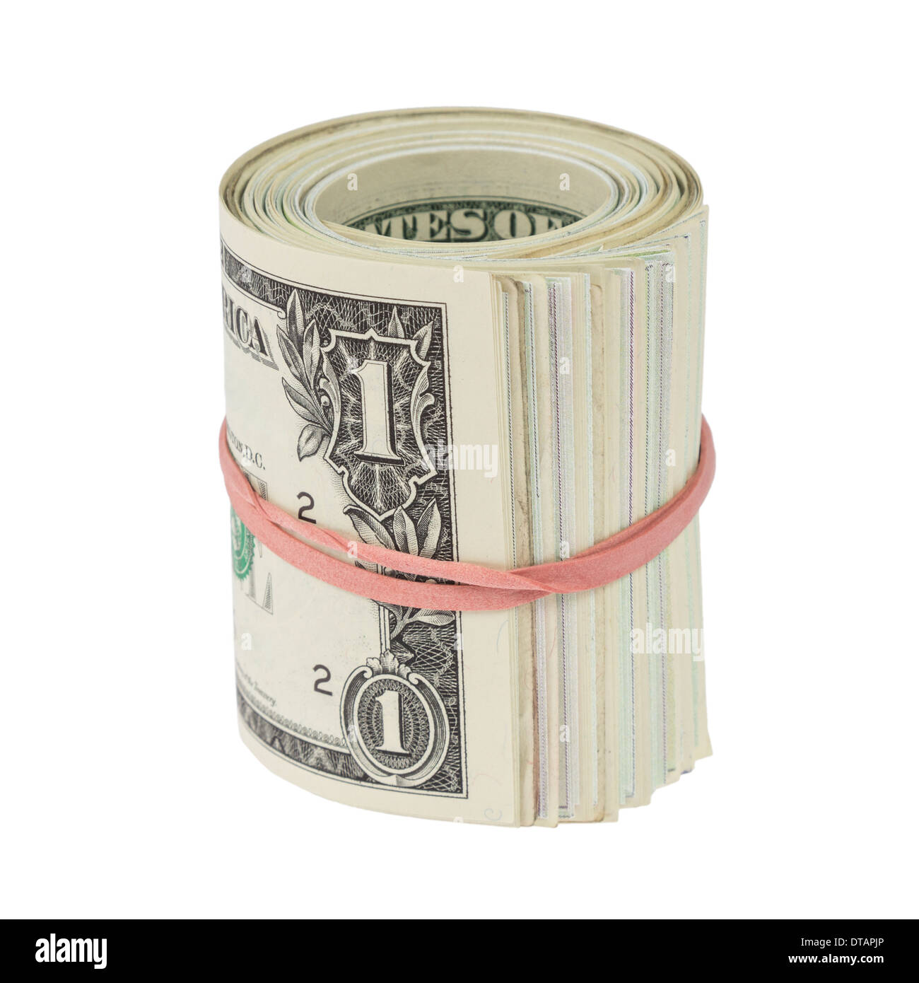Roll of one dollar notes with red rubber band isolated on white ...