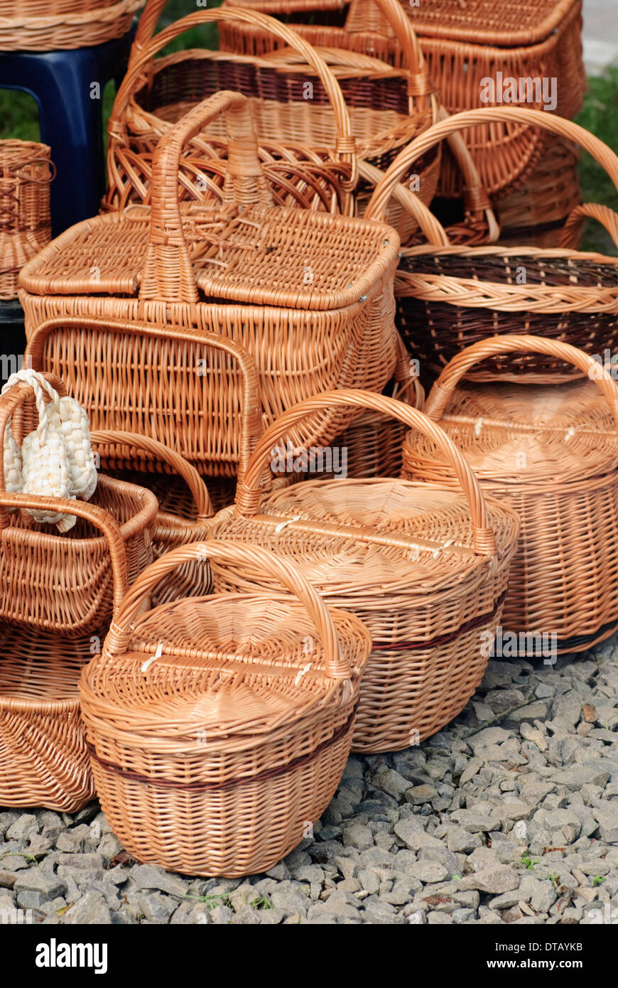 Basketry market on nature. Green field background Stock Photo - Alamy