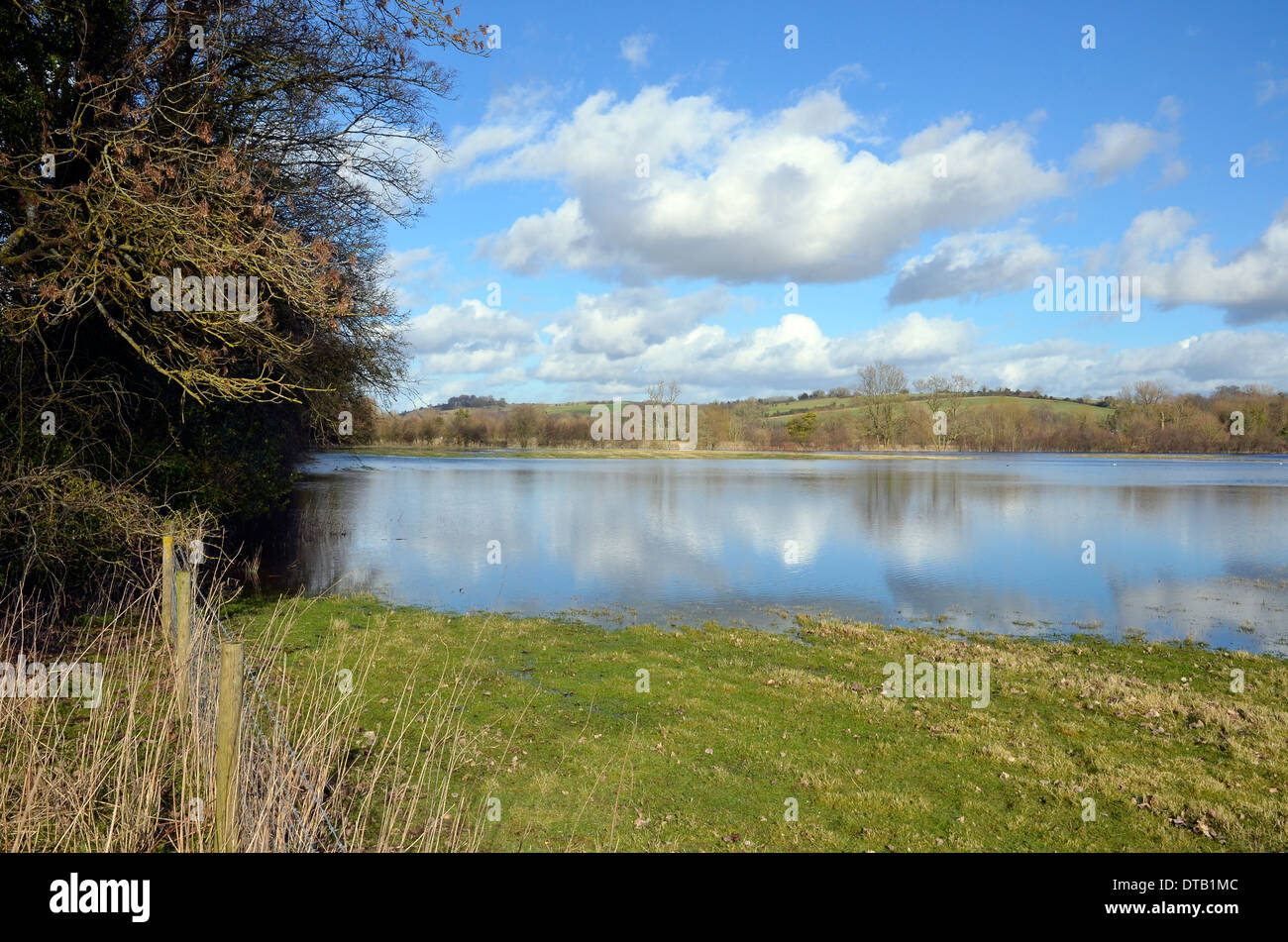 Flood water on the water meadows forming part of the flood plain of the ...