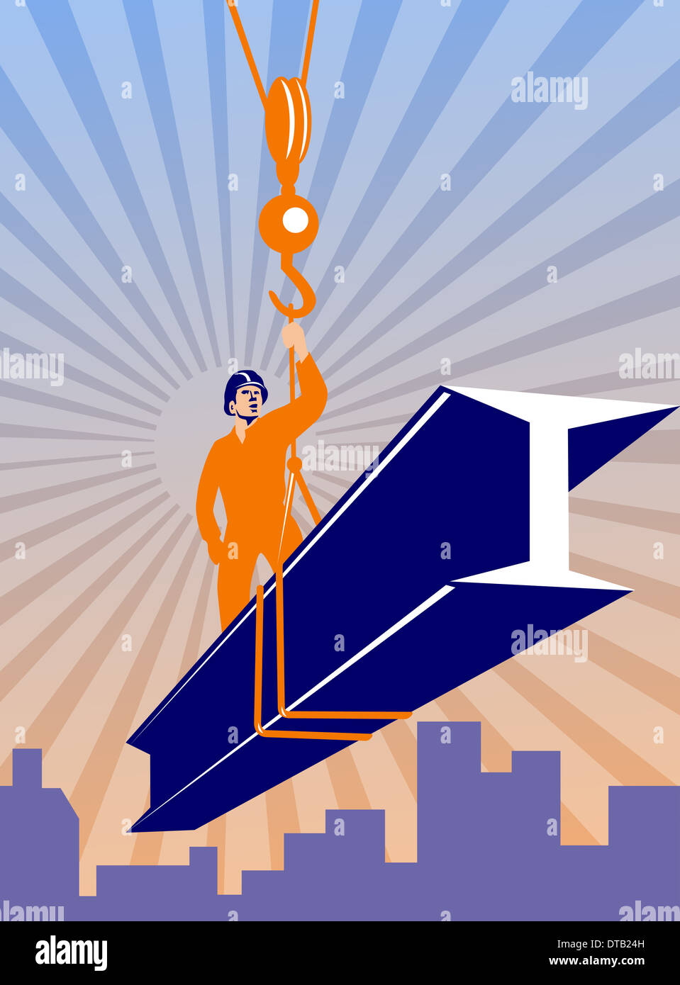 Poster ilustration of construction steel worker riding on i-beam girder ...