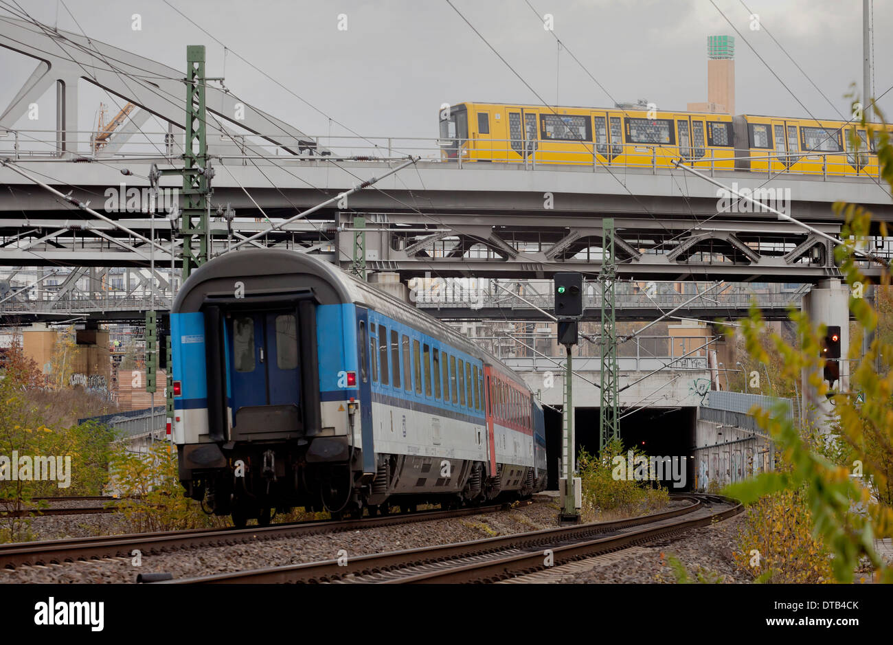 Berlin, Germany, trains on the track triangle in the background debis ...