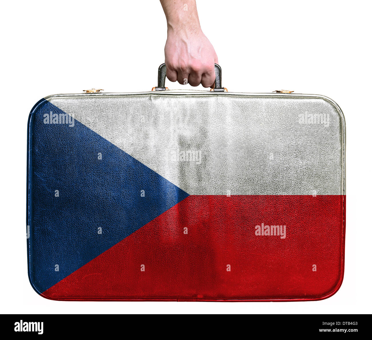 Tourist hand holding vintage leather travel bag with flag of Czech ...