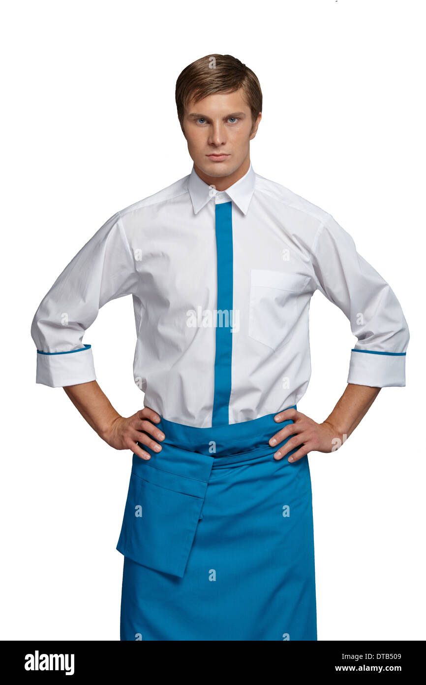 Young man in the form of a waiter or chef, white, red shirt, sunglasses ...