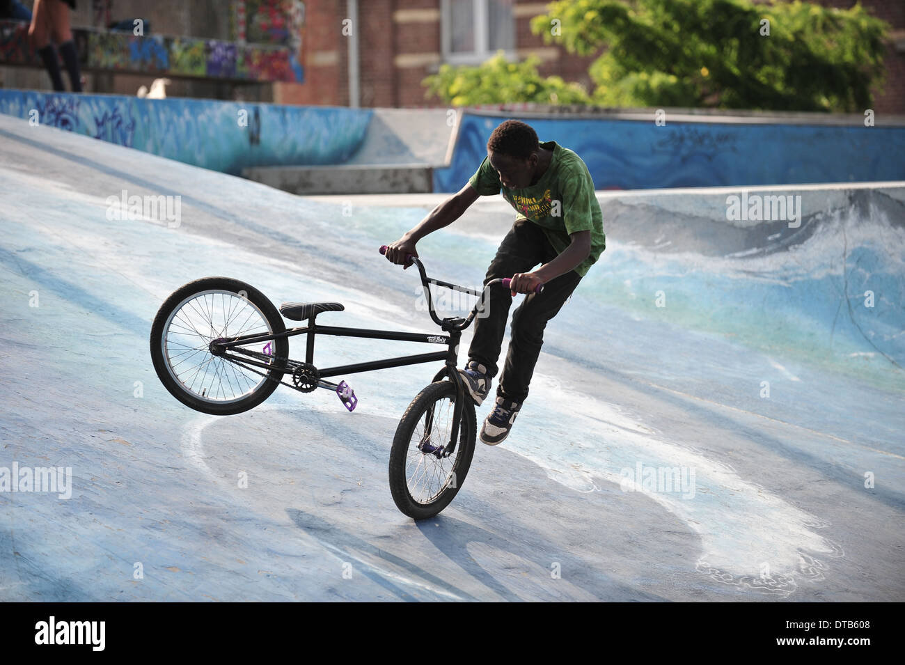 Brussels, Belgium, BMX riders in the skate park on the Ursuline Square ...