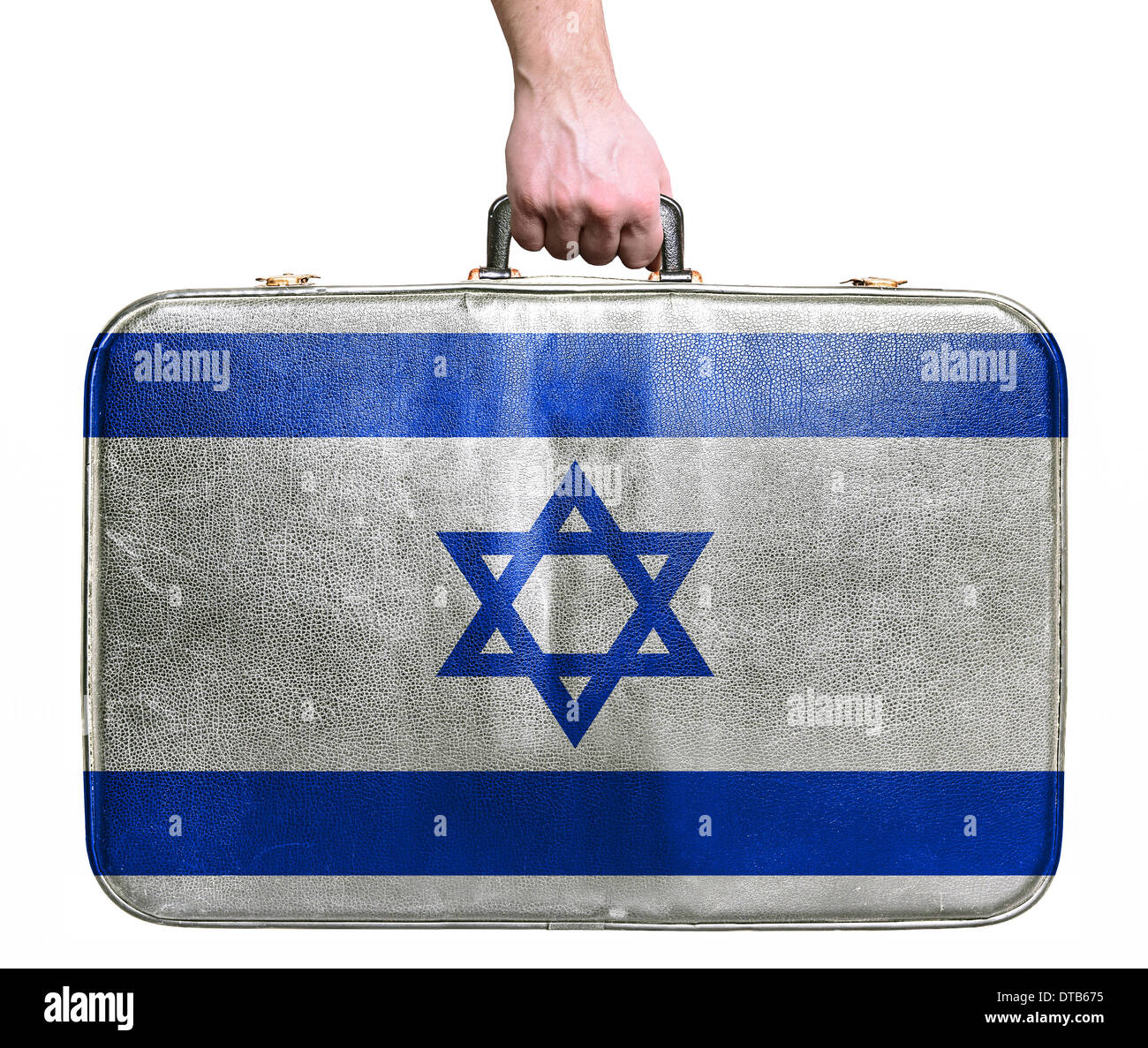 Tourist hand holding vintage leather travel bag with flag of Israel ...