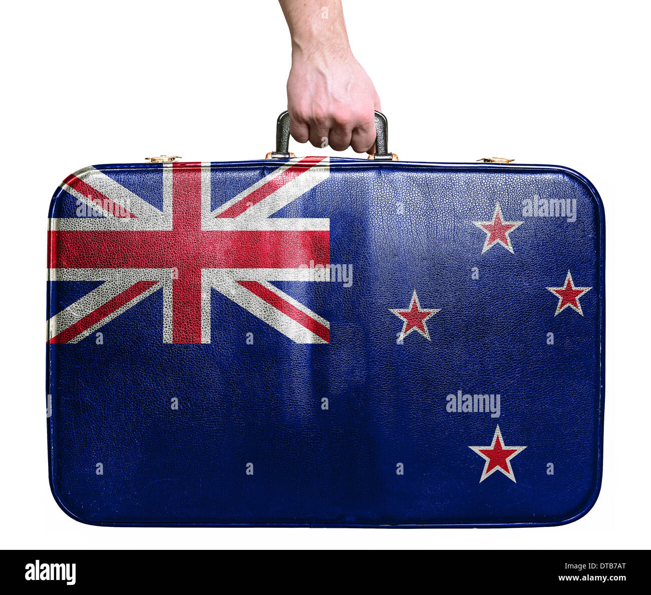 Tourist hand holding vintage leather travel bag with flag of New ...