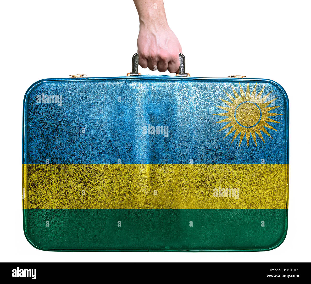 Tourist hand holding vintage leather travel bag with flag of Rwanda ...