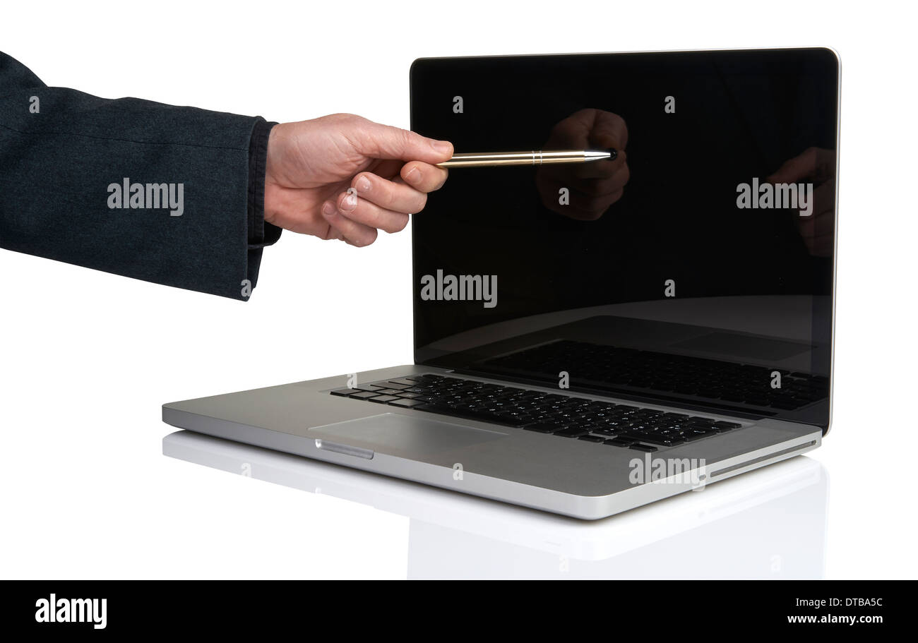 Men with laptop. businessman pointing laptop with a pen Stock Photo - Alamy