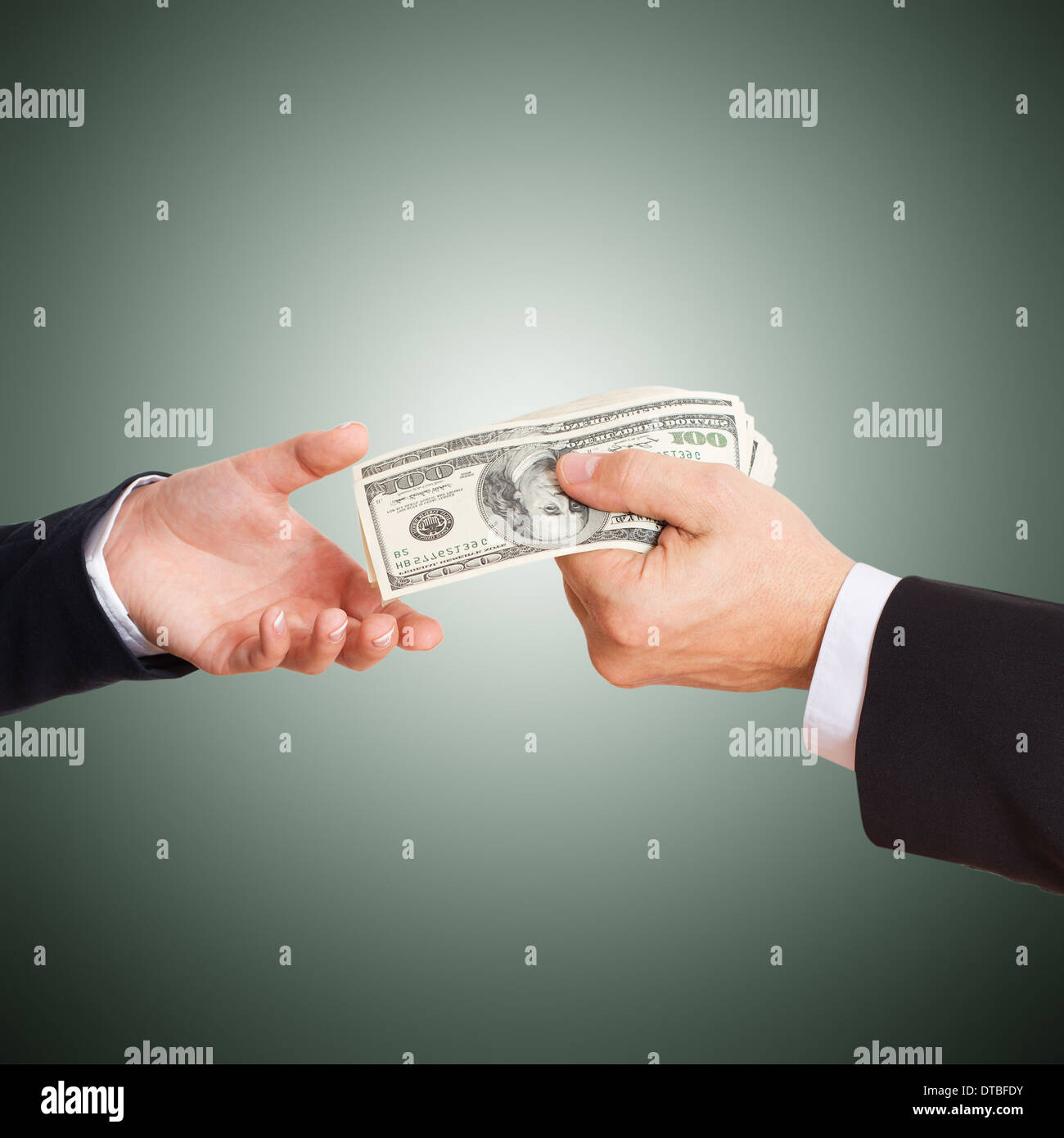 Handing out dollar bills. Giving money to someone. Isolated hands ...