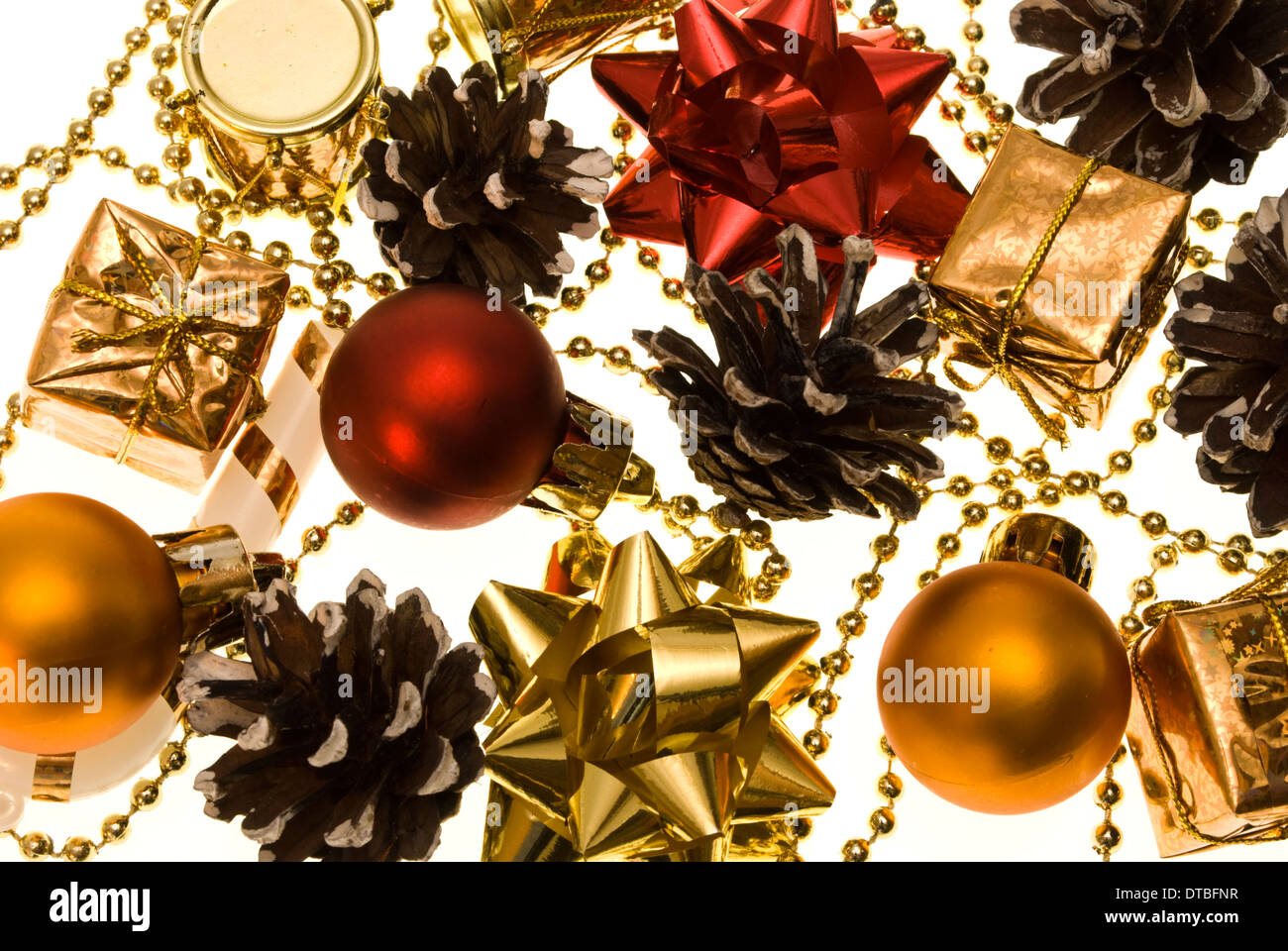 christmas things as ctrobiles and gold and red present and balls ...