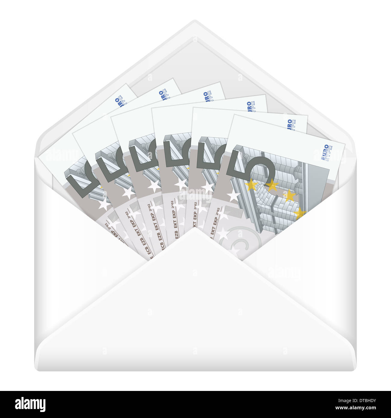 Open envelope containing five euro banknotes on a white background ...