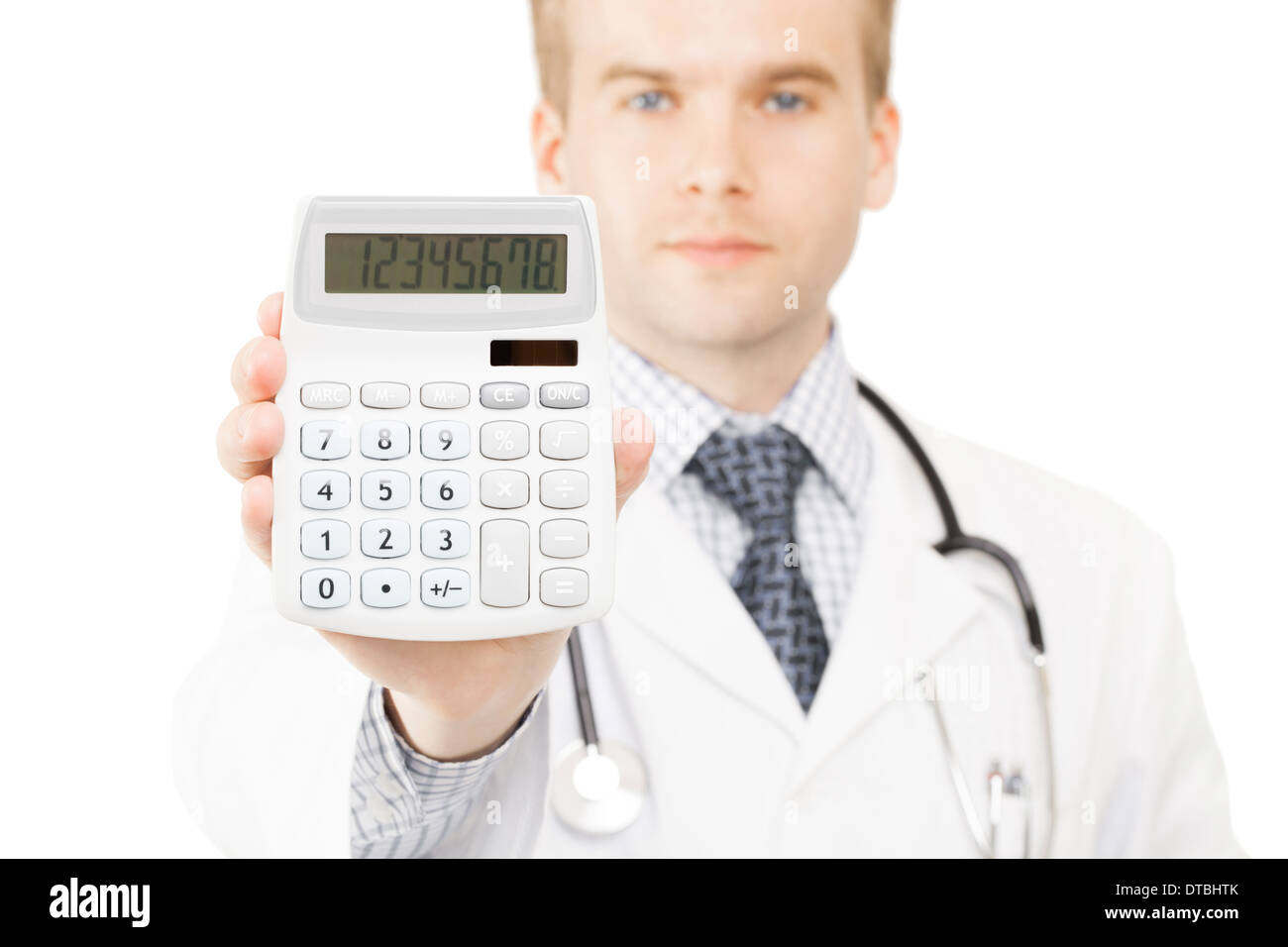 Medical doctor with calculator in his right hand Stock Photo - Alamy