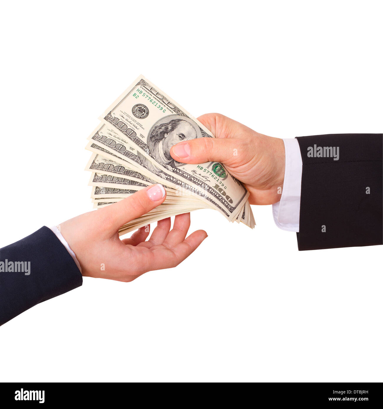 Handing out dollar bills. Giving money to someone. Isolated hands ...