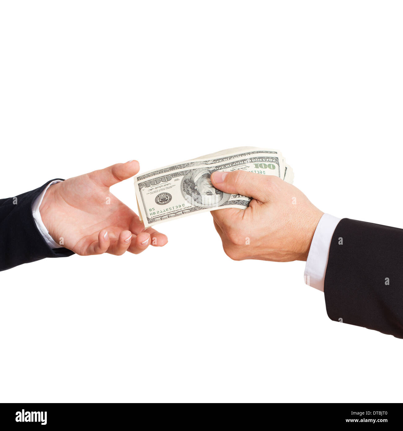 businessman giving cash dollars in hands of passing them to the client ...