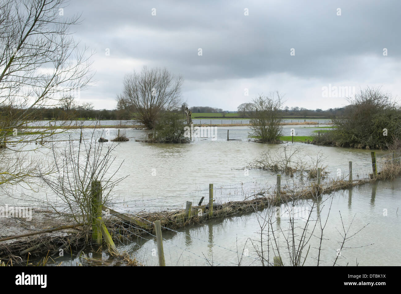Flooded field with farmland and fences underwater trees waterlogged ...