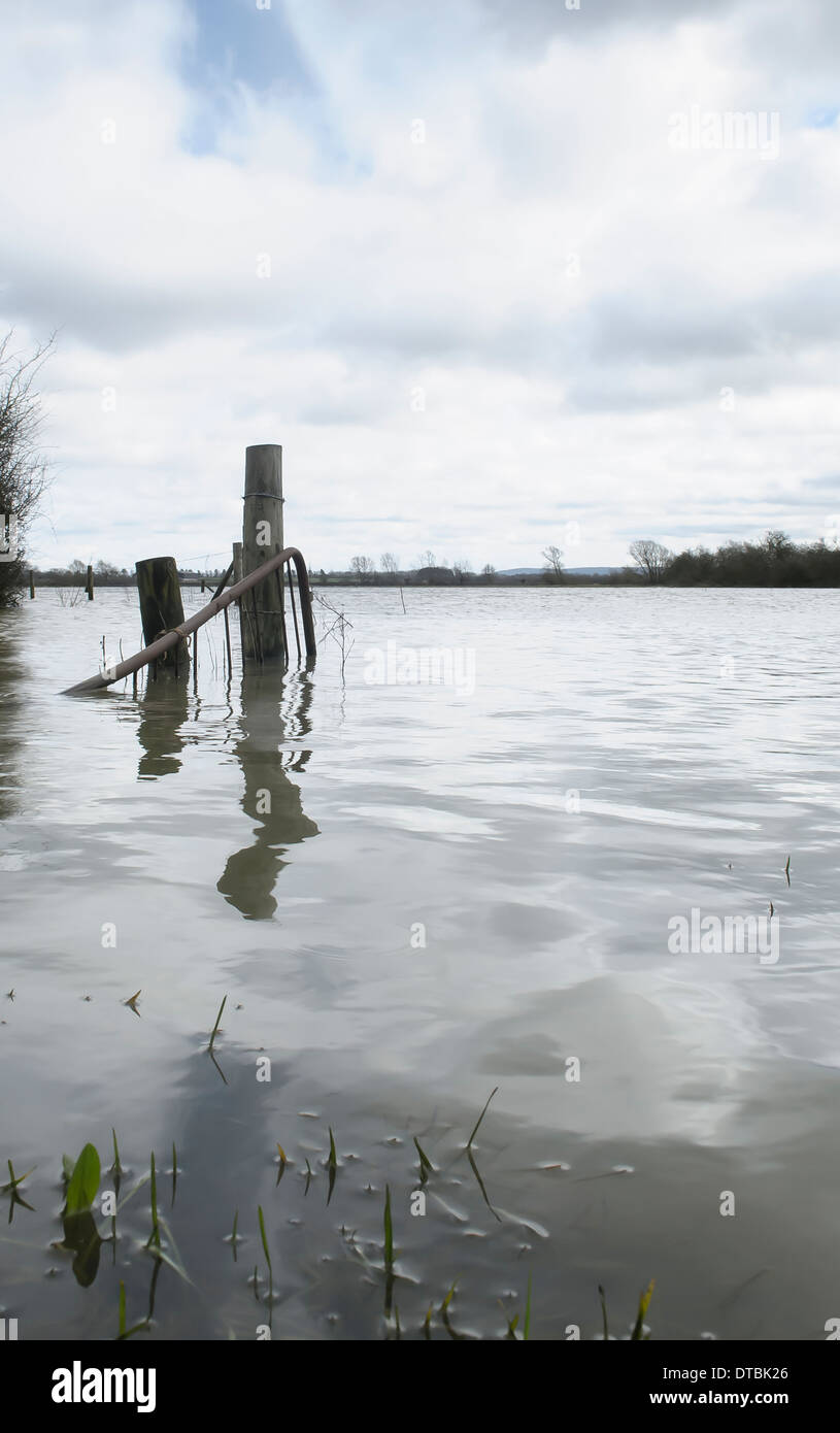 Flooded field fields with farmland and fences underwater waterlogged ...