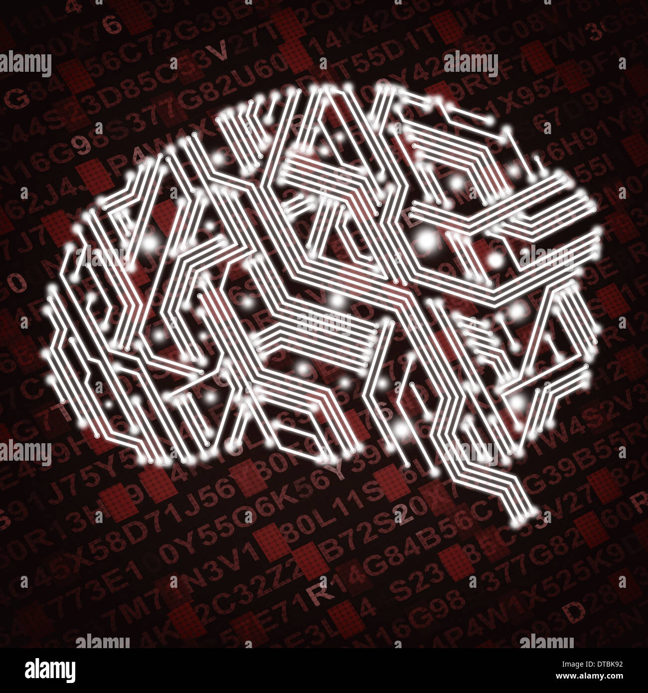 Illustration of human brain in form of circuit board on red background ...