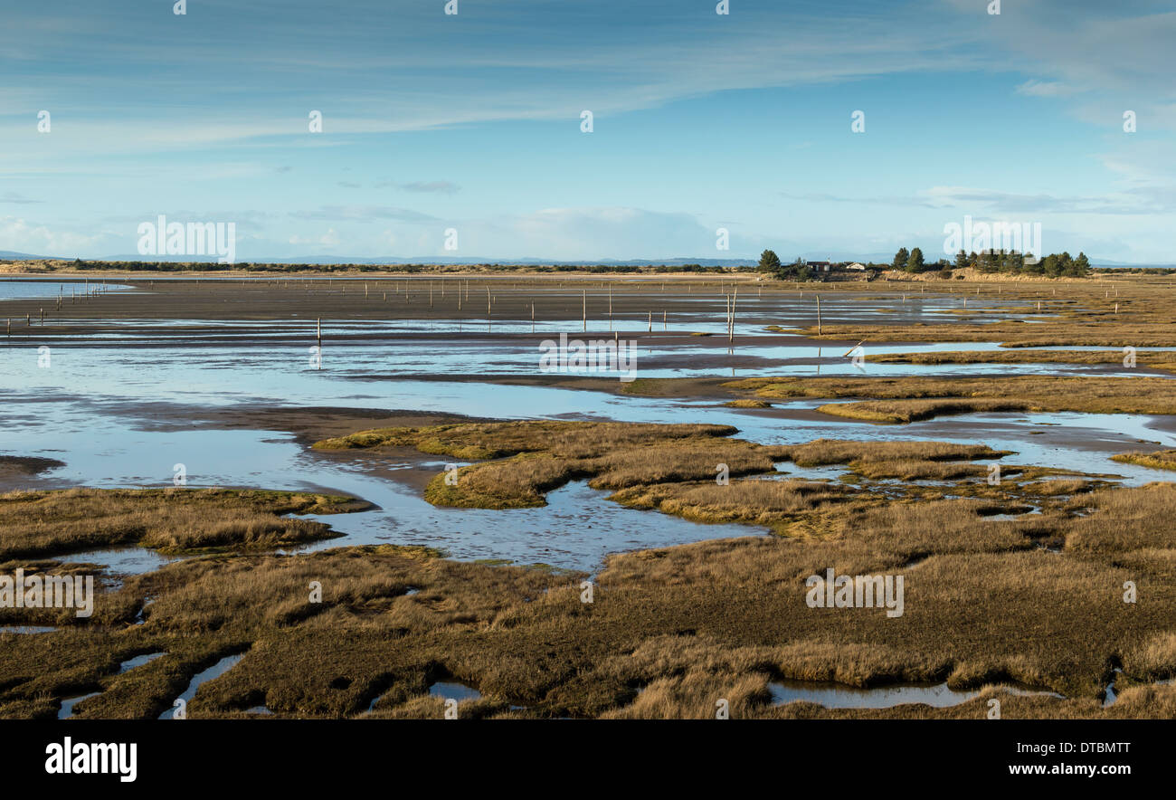 CULBIN LAGOON AND SALTMARSH MORAY COAST WITH DUCK ISLAND AND A HOUSE ...