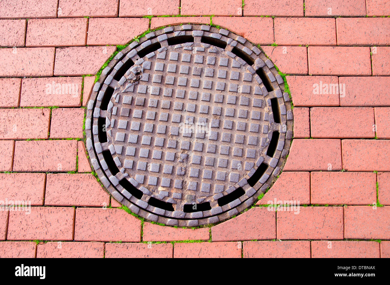 street canalization steel manhole on pavement bricks Stock Photo - Alamy