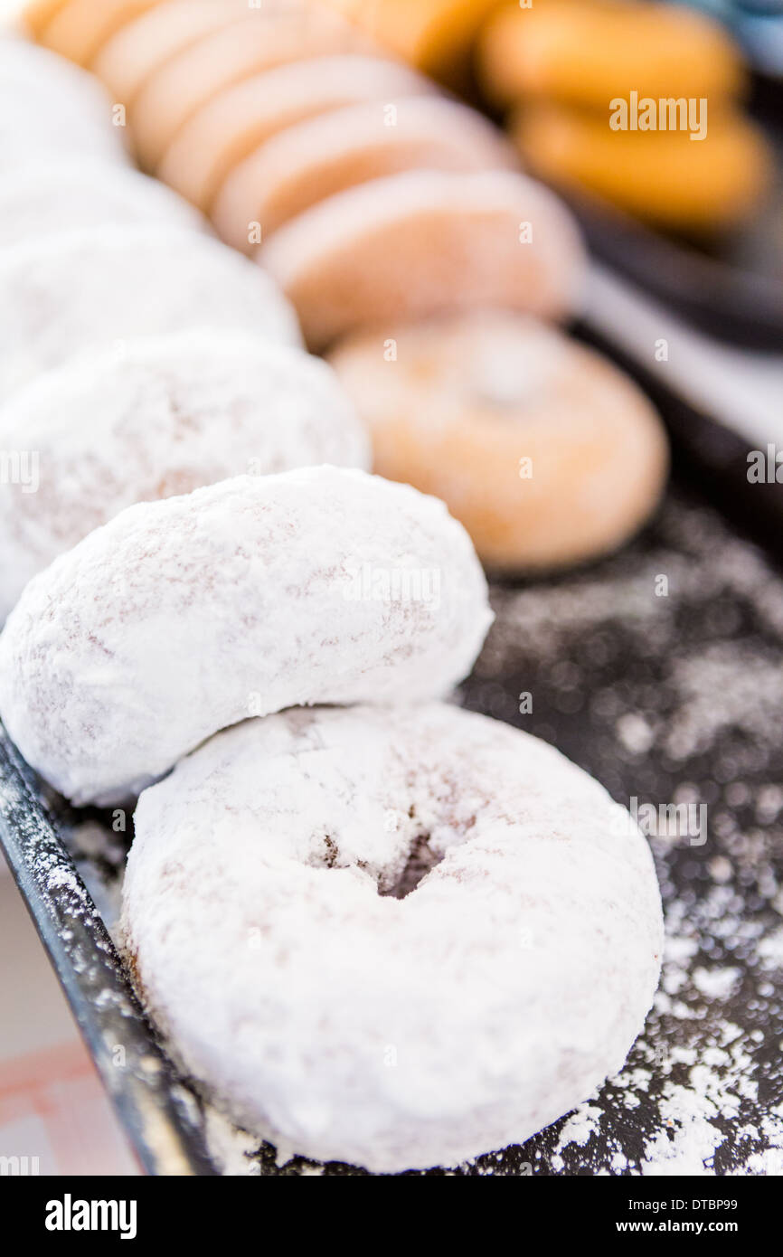 Fresh donuts with powdered sugar toppings from the local bakery shop ...