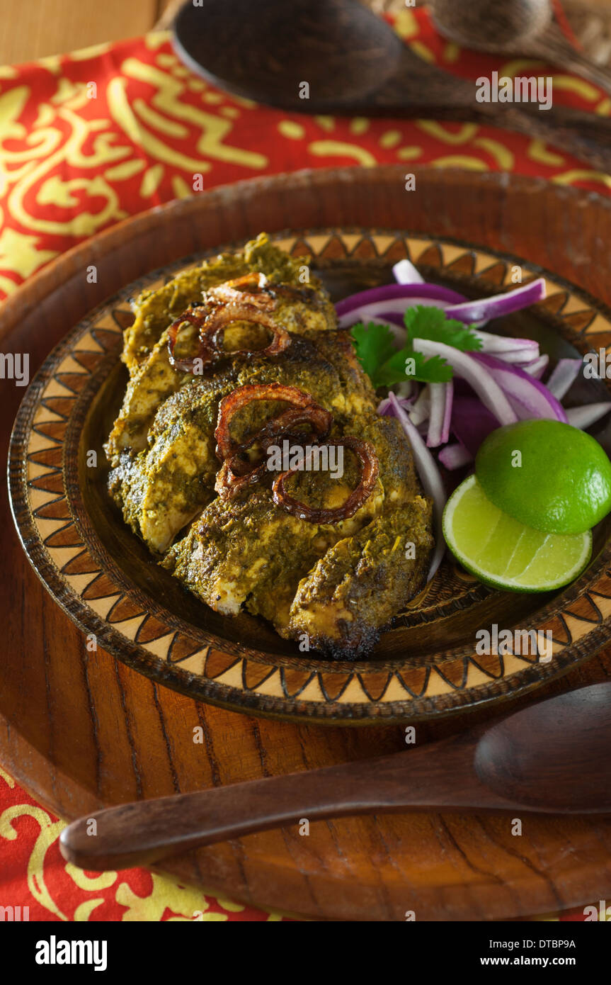 Chicken cafreal. Fried chicken in a green masala. Traditional food Goa ...