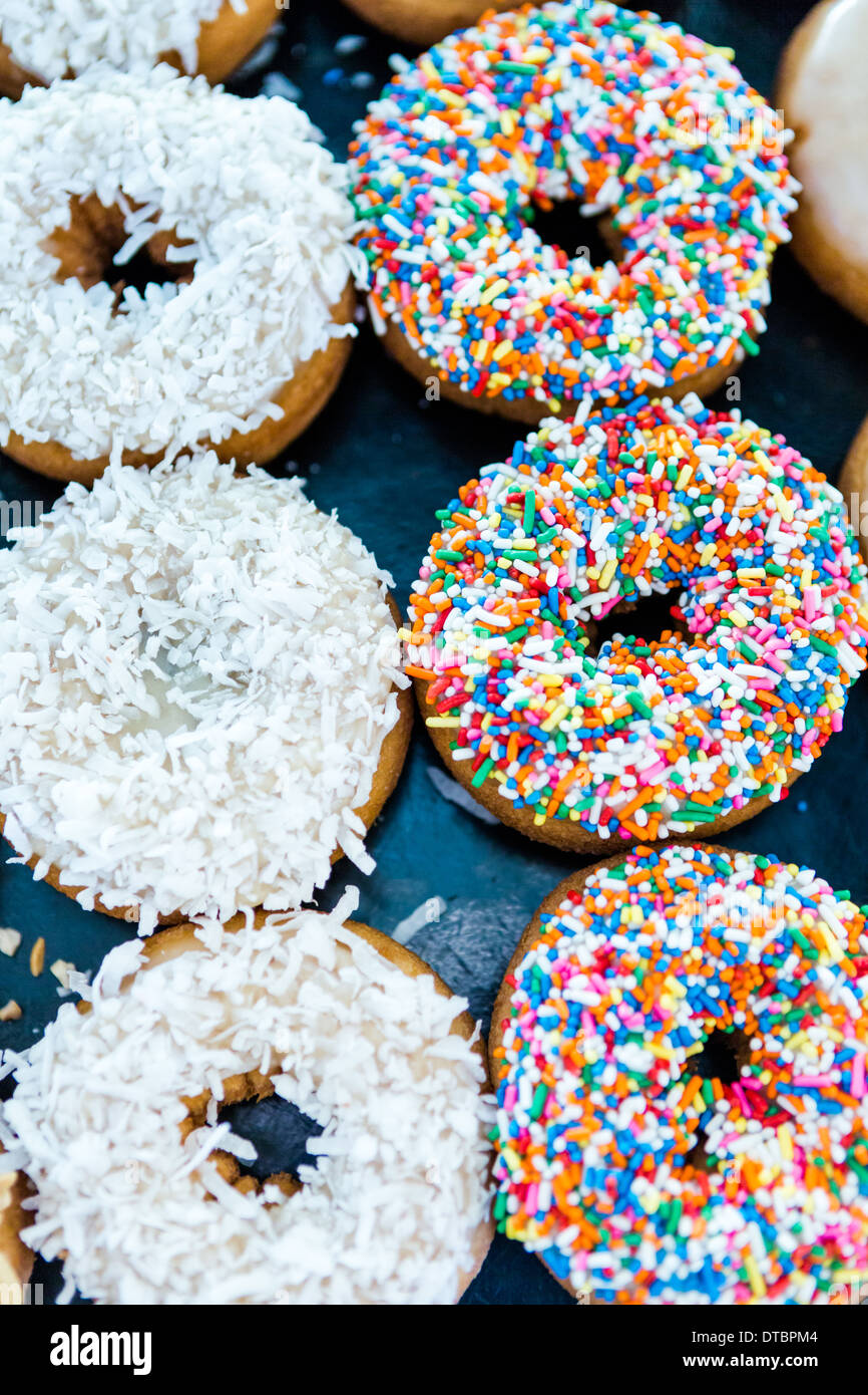 Fresh donuts with different toppings from the local bakery shop Stock ...