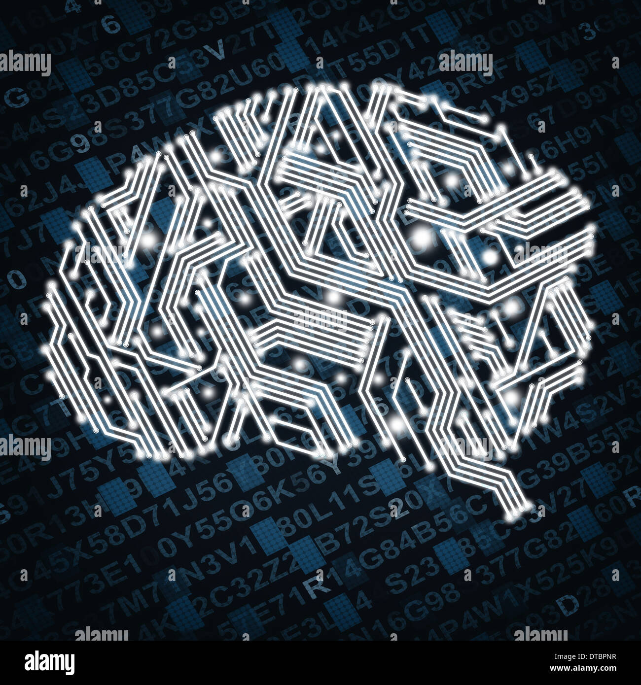 Illustration of human brain in form of circuit board on blue background ...