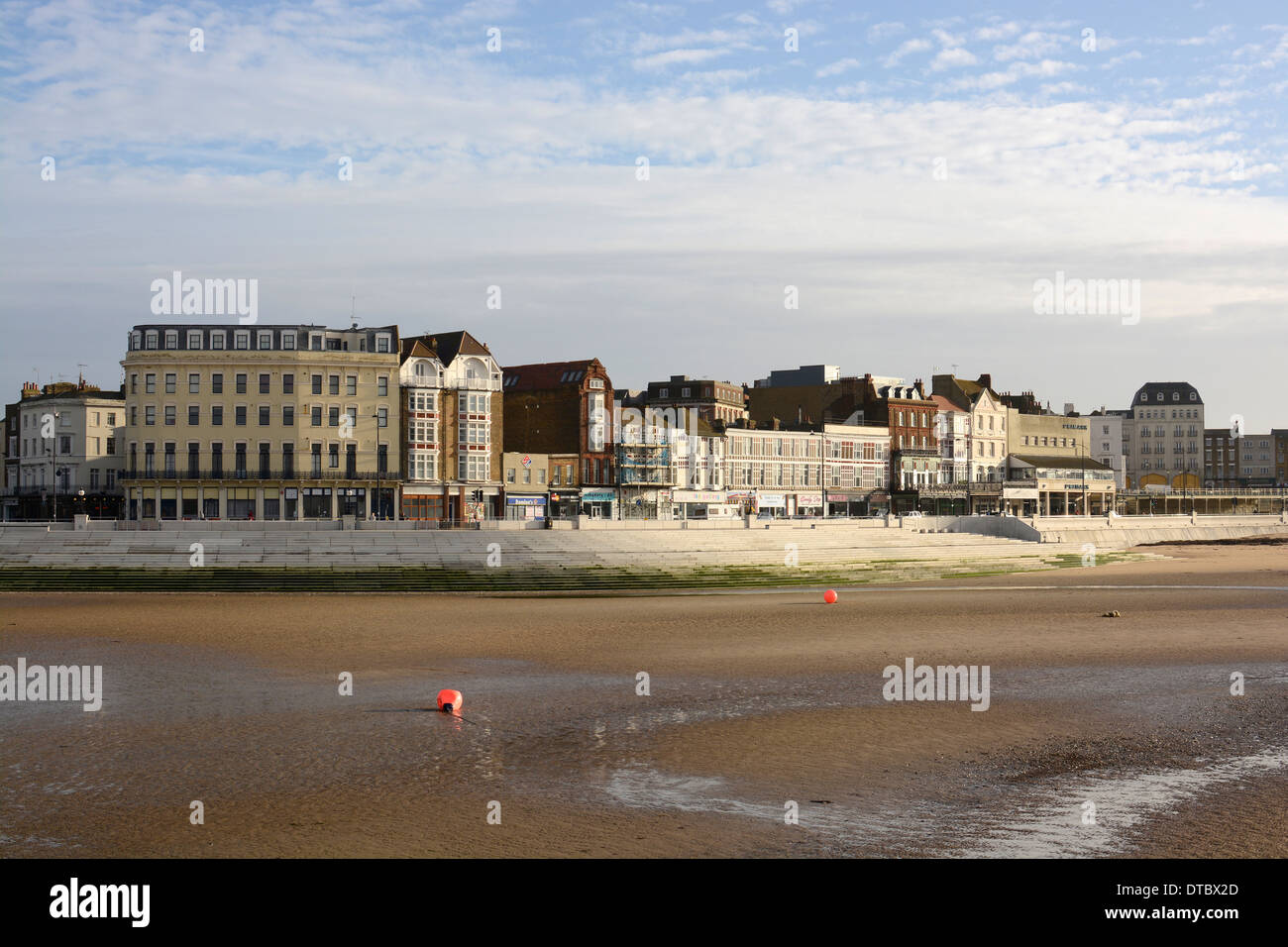 Margate town and seafront viewed from harbour wall. Kent. England. Low ...