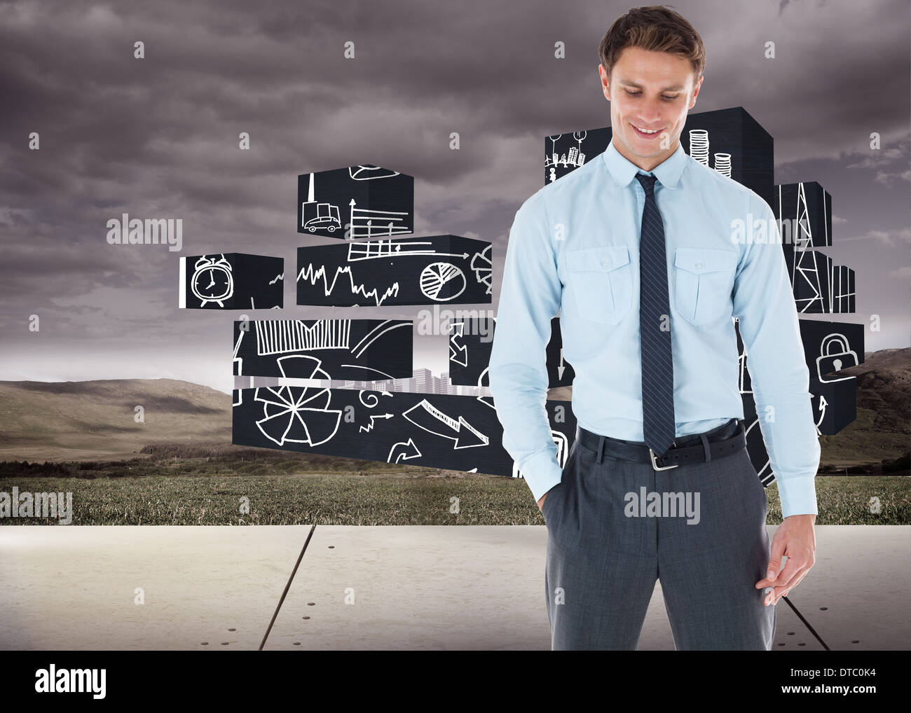 Composite image of smiling businessman standing with hand in pocket ...