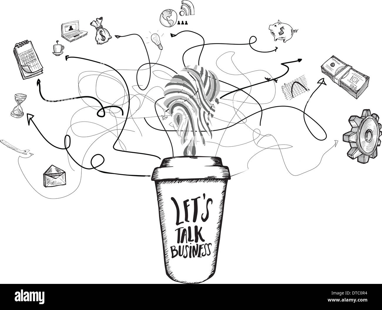 Networking concept doodles with coffee cup on white background Stock ...